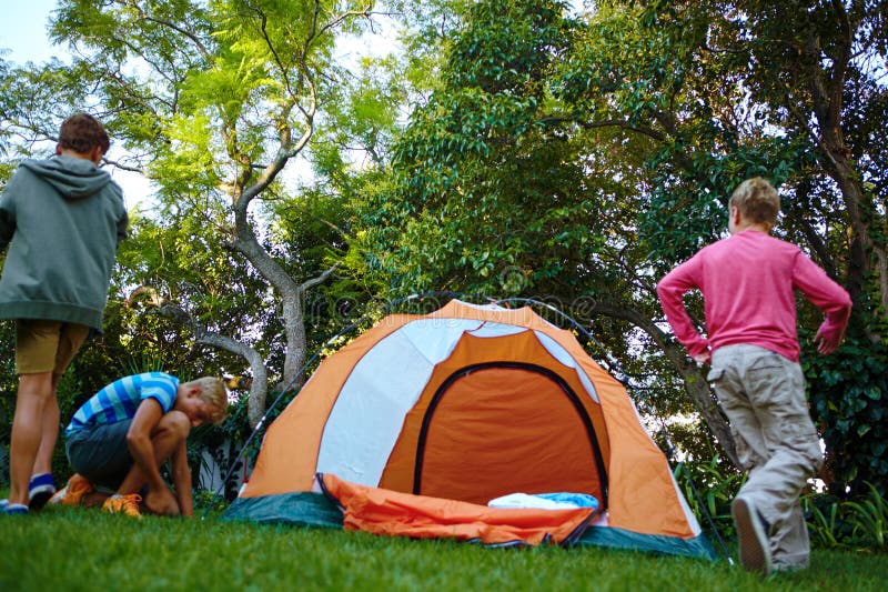Time To Rough it. Three Young Boys Putting Up Their Tent. Stock Photo ...
