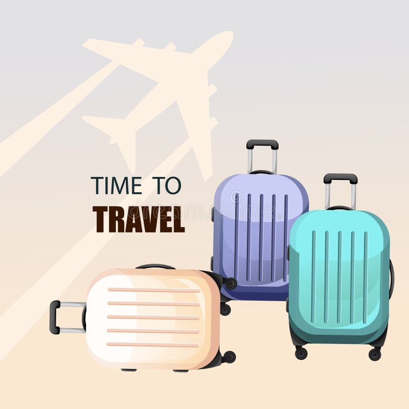 Time To Travel. Background with Plastic Suitcases, Airplane Stock ...