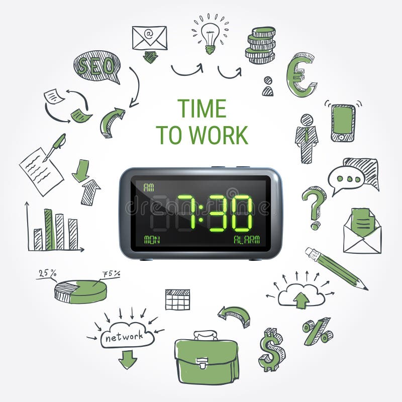 Time To Work Round Composition Stock Vector - Illustration of drawn ...