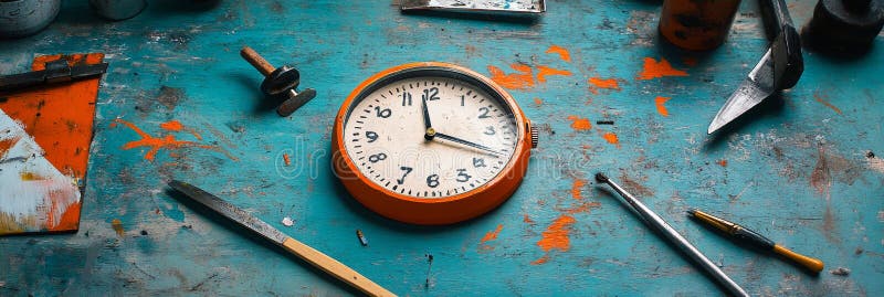 Time and Tools on a Rustic Table Clock Paint Brushes Tools Time ...