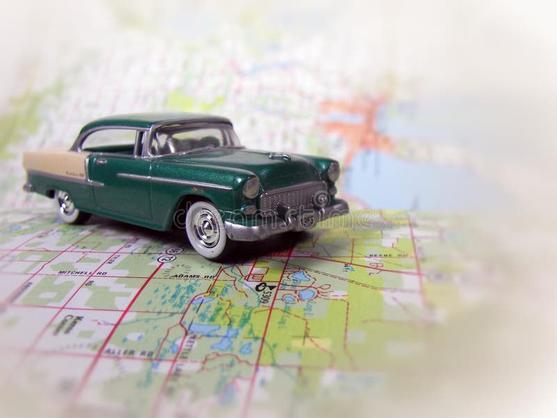 Vintage car on road map stock image. Image of info, conceptual - 3922937