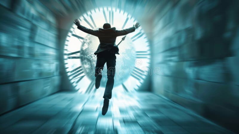 Time Travel Concept, Person Running or Jumping through the Time Clock. Generative Ai Stock ...