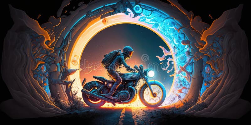 A Time Traveler Riding Motorcycle through Time Machine Stock ...