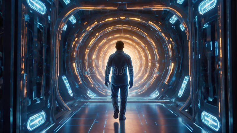 A Time Traveler Stepping through a Glowing Portal Stock Image - Image ...