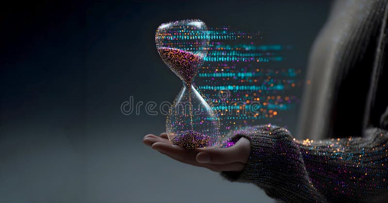 Time Warp. Digital Hourglass Held in Hand, with Flowing Particles ...