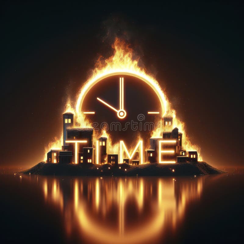 TIME WORD with Clock 3d on Solid Black Background in Fire. Ai ...
