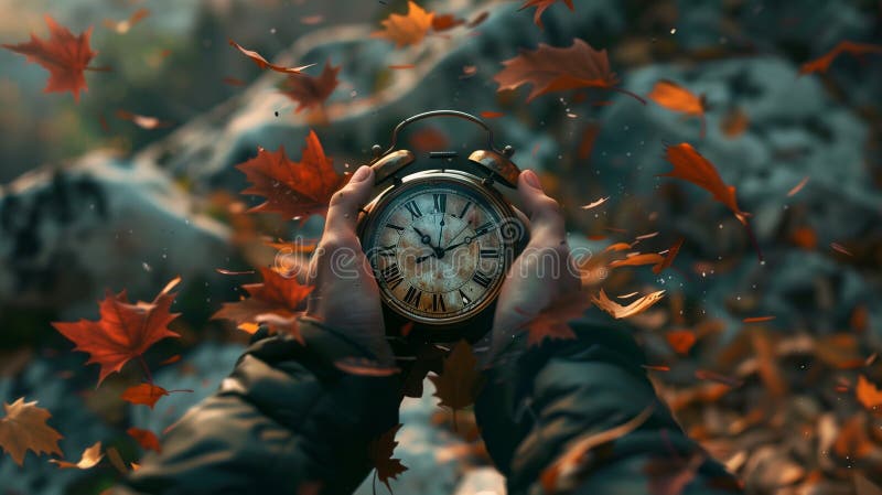 Timekeeper: Holding the Past, Surrounded by Falling Leaves Stock ...