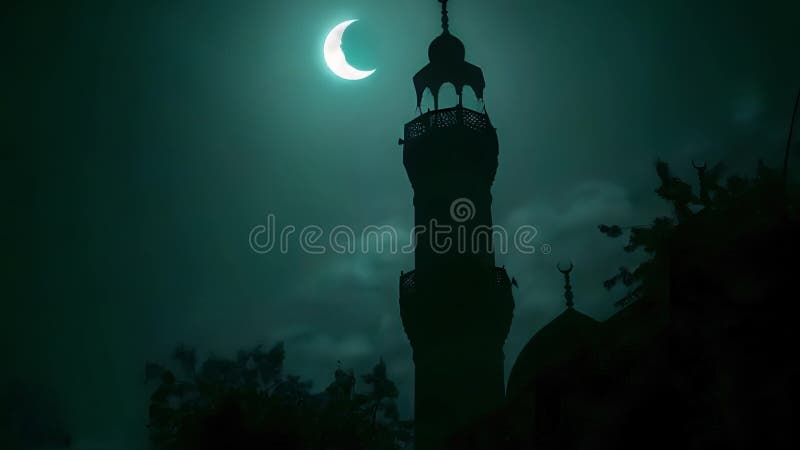 Timelapse of Half Moon Passing with a Alminar of a Small Mosque Stock ...