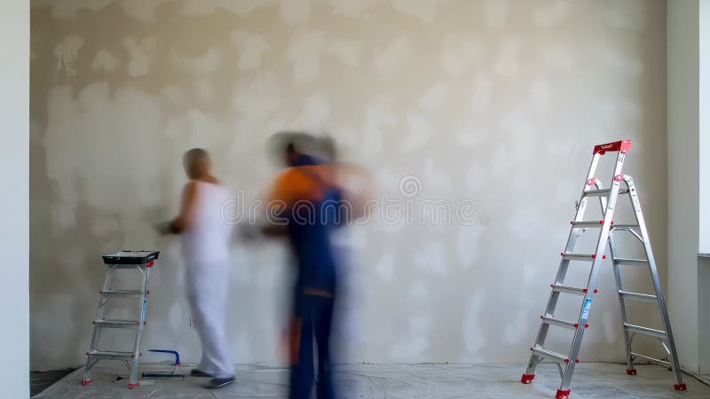Timelapse Shows Two Male Construction Workers, One in Blue Overalls ...