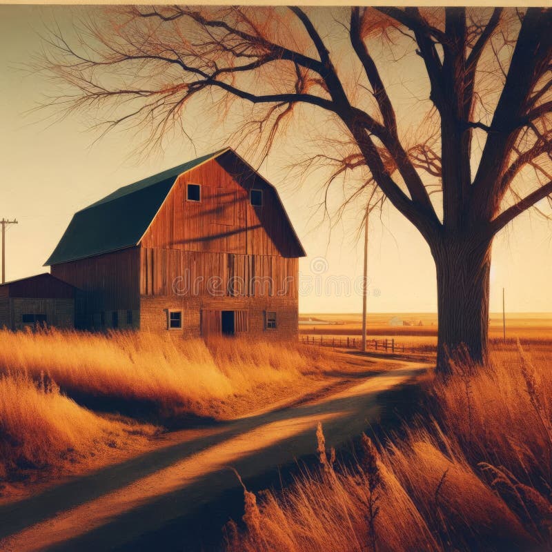 Timeless Barn in the Setting Sun Stock Illustration - Illustration of ...