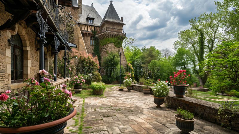 Timeless Castle Courtyard, a Fairytale Castle Surrounded by Blooming ...