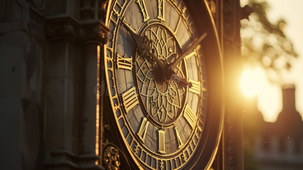 A Timeless Clocktower Its Face Illuminated by the Setting Sun Stock ...