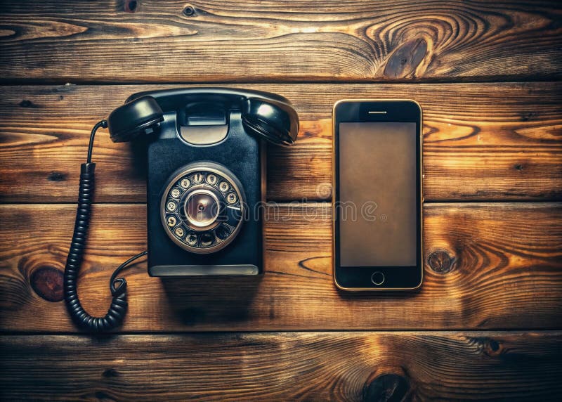 A Timeless Contrast Vintage Telephone and Modern Smartphone on Rustic ...