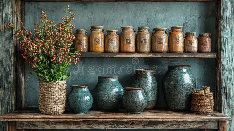 Timeless Display of Locally Crafted Pottery and Jars on Rustic Shelf ...