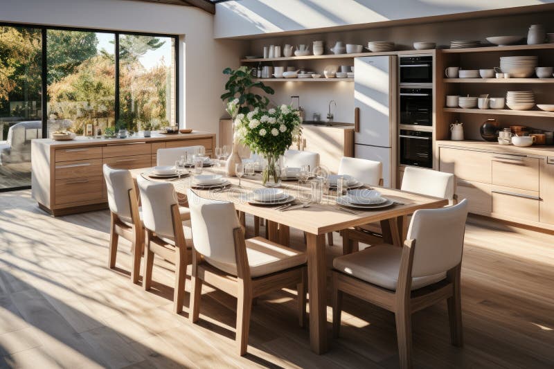 Timeless Elegance: White Kitchen with Wooden Table and Chairs in an ...