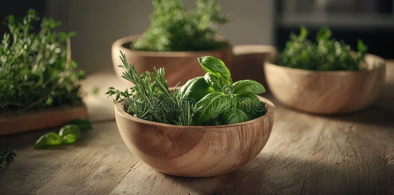 Timeless Herb Photography: Rustic Bowls and Fresh Green Culinary Herbs ...