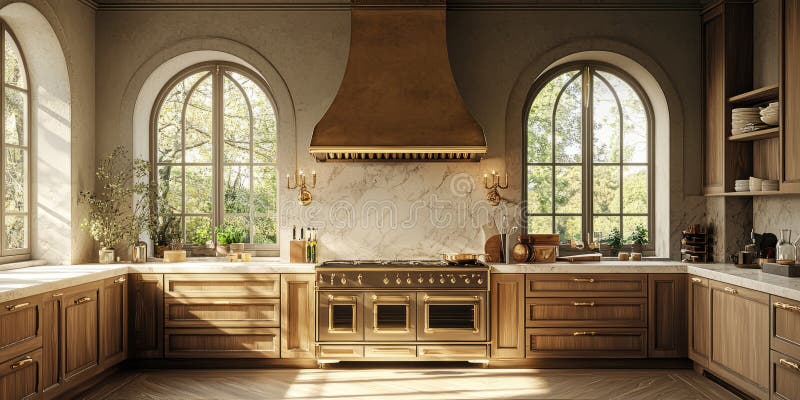 Timeless Kitchen with Arched Windows, Brass Sconces, Marble Countertops ...