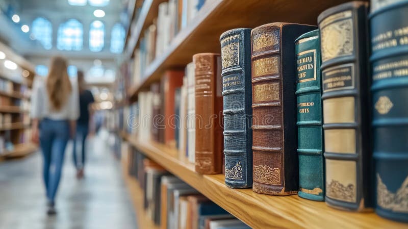 Timeless Knowledge Classic Books Aligned on Wooden Shelf, Visitors ...