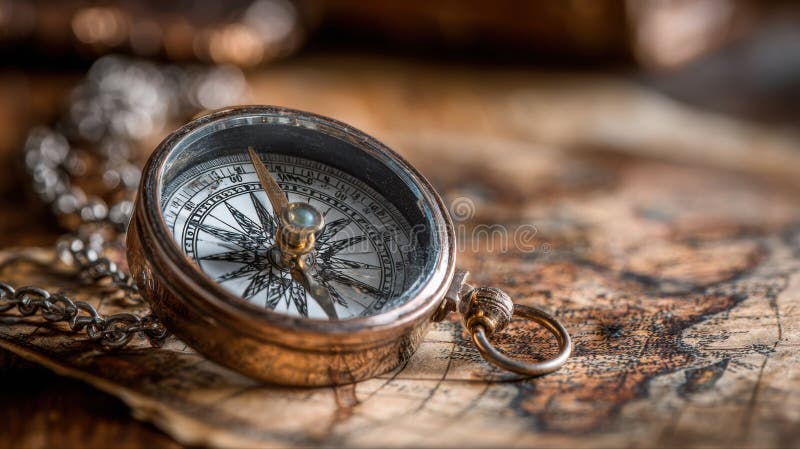 Timeless Navigation: Vintage Compass and Map in Warm Glow Stock Image ...