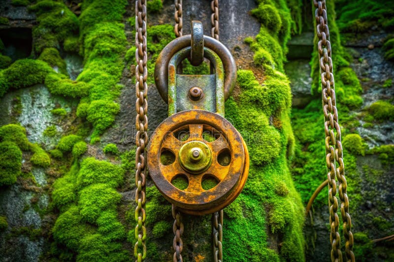 A Timeless Pulley System Sparkling with Gold Reflections on MossCovered ...