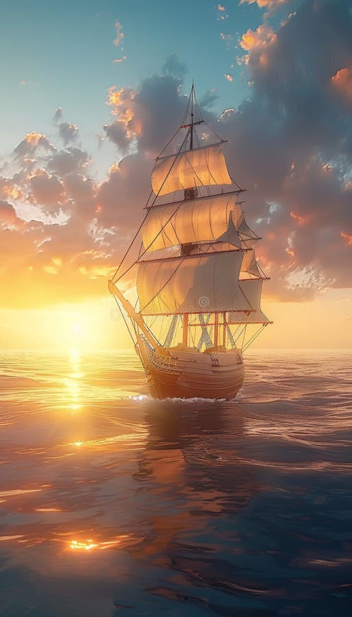 A Timeless Sailing Ship Gliding through Calm Waters at Sunset ...