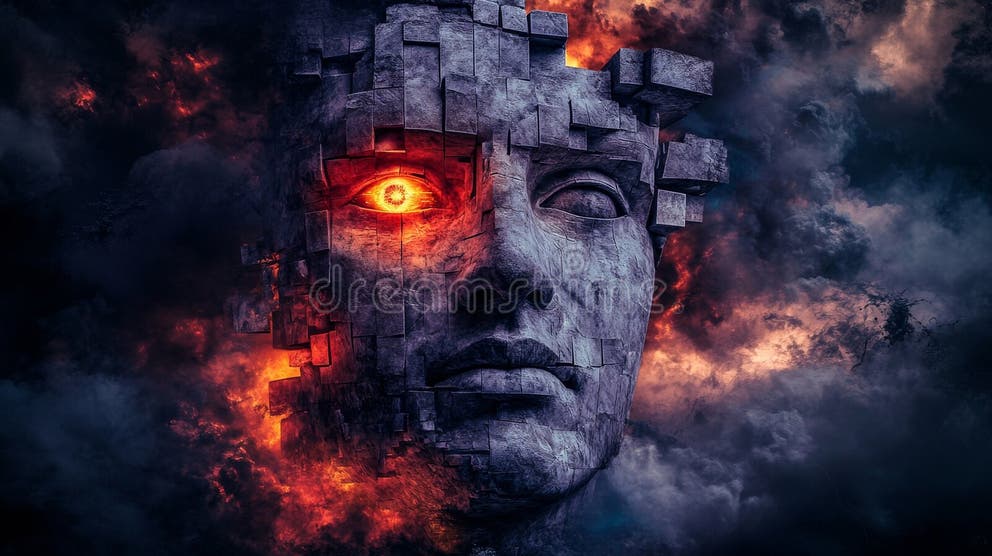The Timeless Statue Glows Amidst Abstract Cube Formations, Presenting a Dramatic and Surreal ...