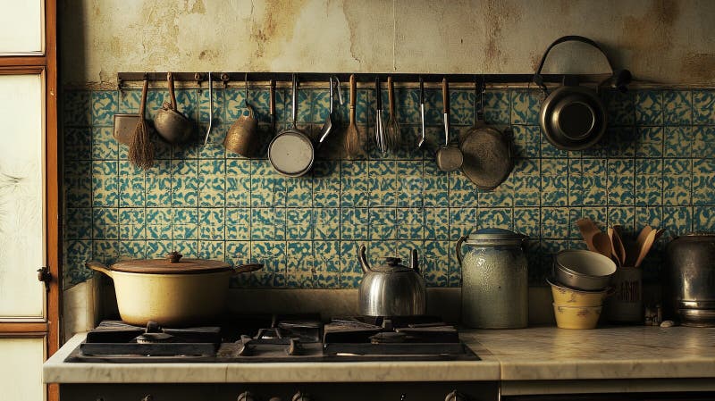 Timeless Vintage Kitchen with Old-fashioned Utensils and Tiles. Stock ...