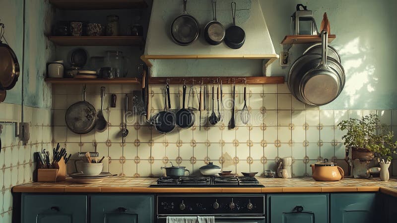 Timeless Vintage Kitchen with Old-fashioned Utensils and Tiles. Stock ...