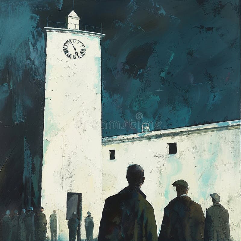 Timeless White Clock Tower Amidst Men Stock Illustration - Illustration ...