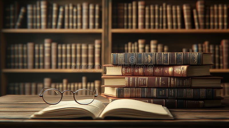 Timeless Wisdom: an Open Book and Stack of Antiquarian Books in a ...