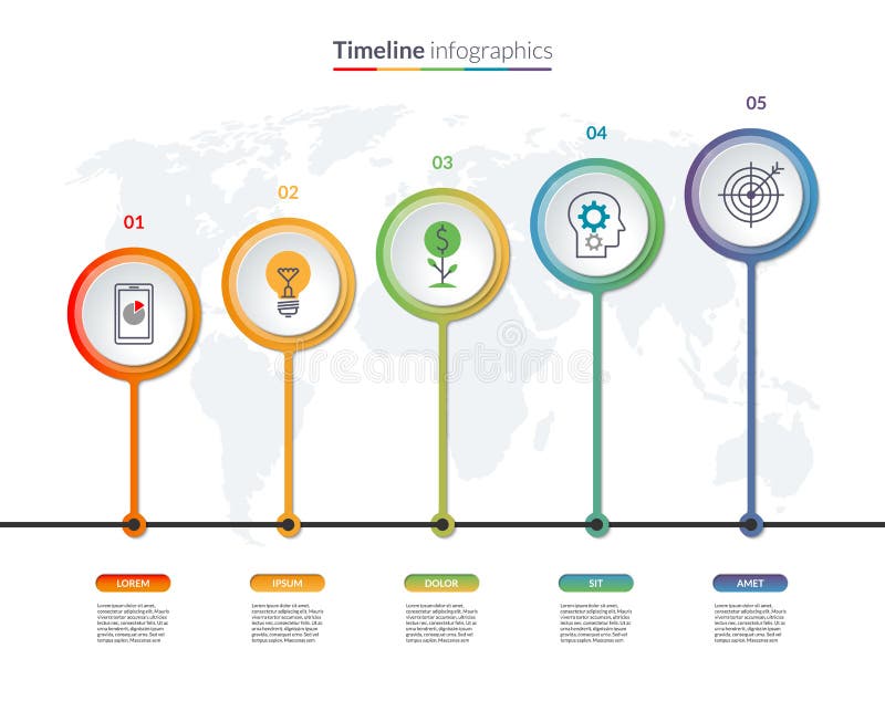 Timeline Infographic Banner with Circular Design Elements and World Map ...