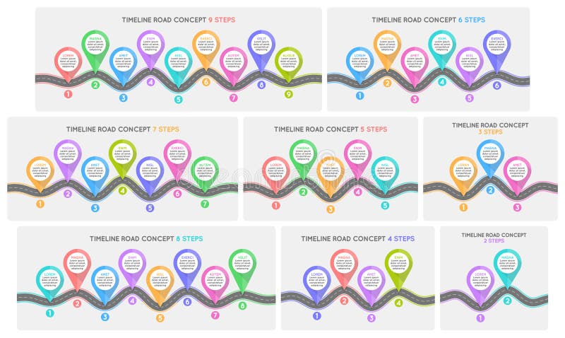 Timeline Infographic 2-9 Steps Timeline Concept. Winding Road Stock ...