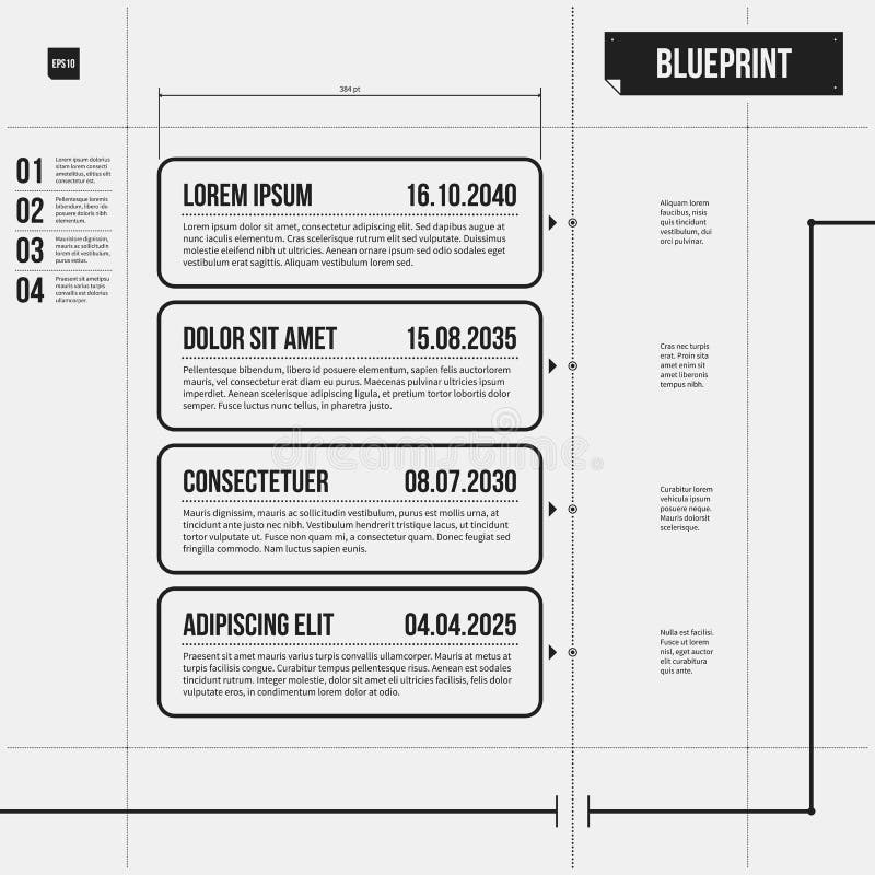 Timeline Template in Draft Style with Four Rectangle Banners Stock ...