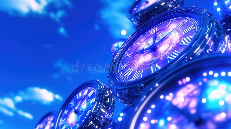 Timepieces in Vibrant Blue Setting Create Mesmerizing Visual Effect, Showcasing Intricate ...
