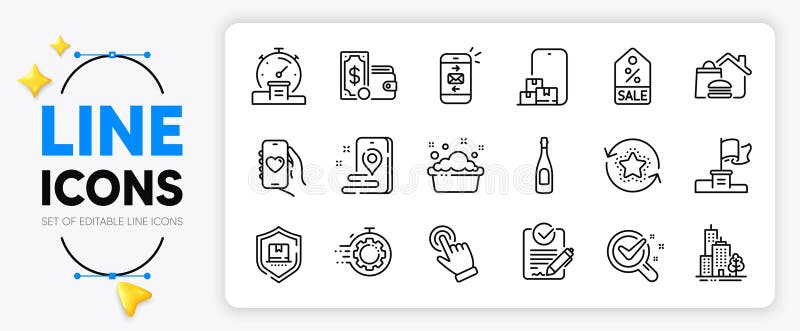 Timer, Chemistry Lab and Champagne Line Icons. for Web App. Vector ...