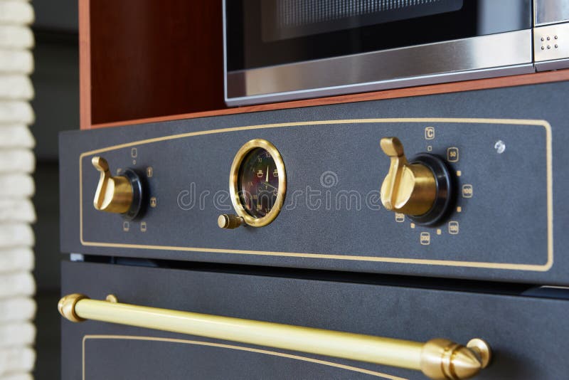 Timer, Clock, Details of a Modern Oven in Vintage Style in Black with ...