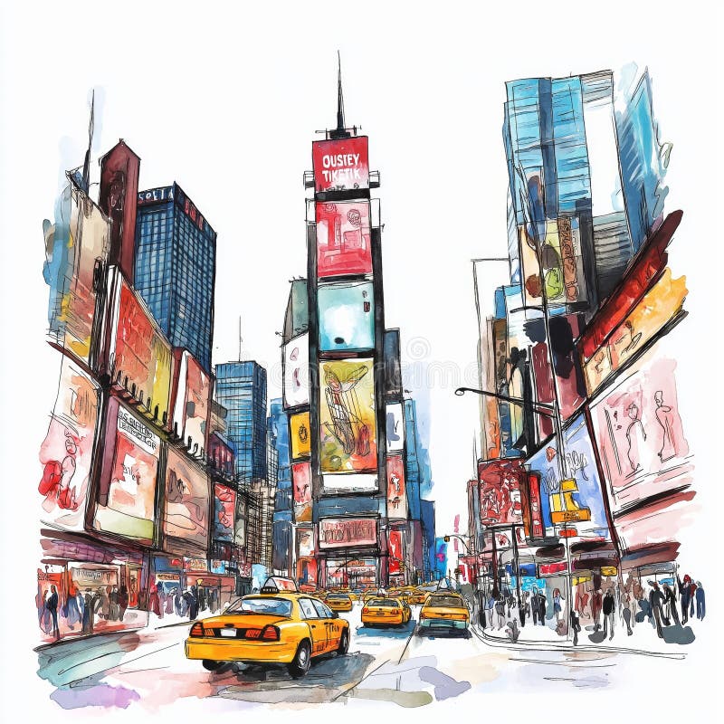 Times Square. Times Square Hand Drawn Watercolor Illustration Stock ...