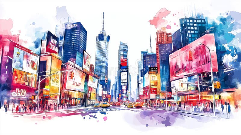 Times Square. Times Square Hand Drawn Watercolor Illustration Stock ...
