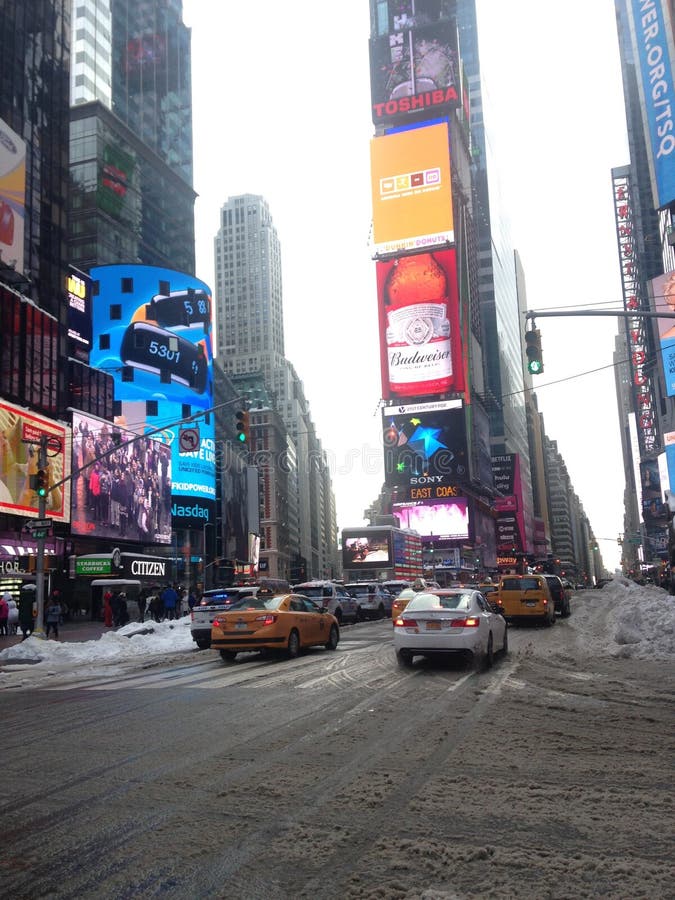 Times Square in Snow in Winter. Editorial Image - Image of cars ...