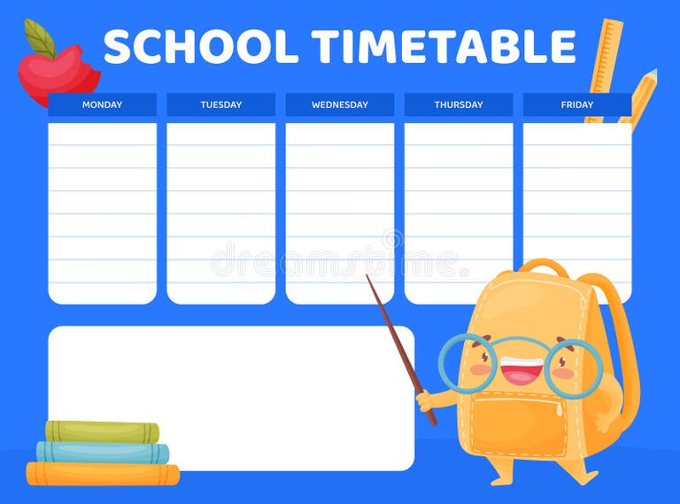 Timetable with Funny School Bag with Smiling Face Vector Template Stock ...