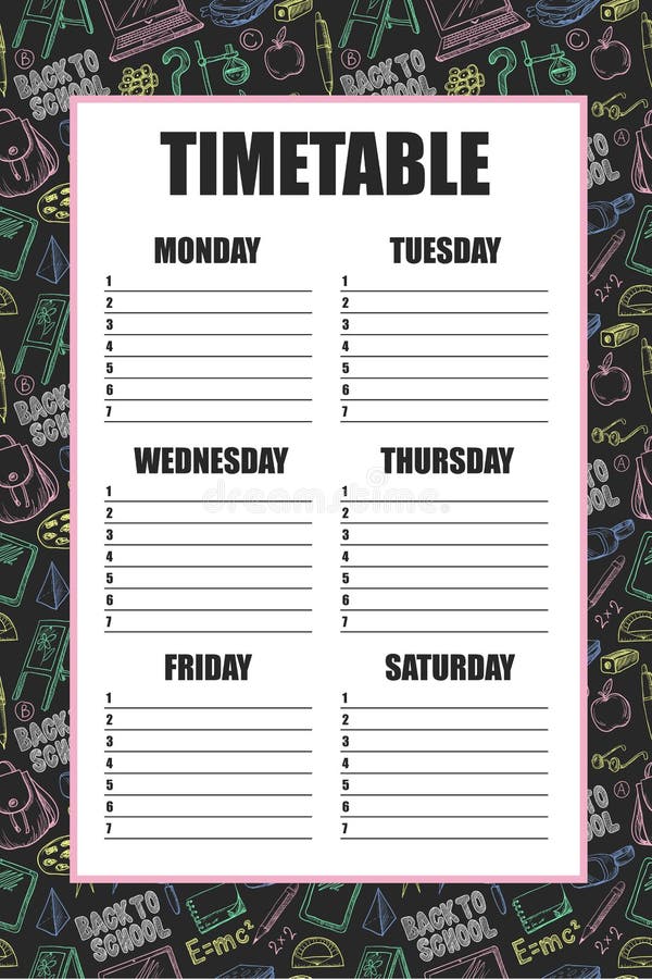 Timetable for School`s Lessons with Backpack, Book, Laptop, Globe Etc ...