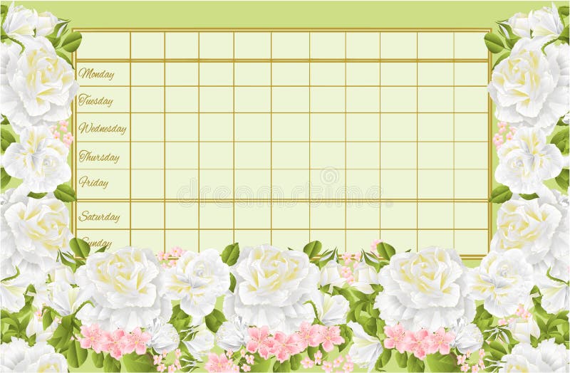 Timetable Weekly Schedule with Red and White Roses Vintage Vector ...