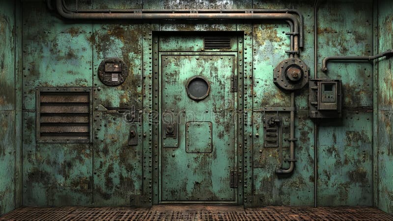 A Timeworn Wall with an Aged Appearance Has a Rustic Green Metal Door ...