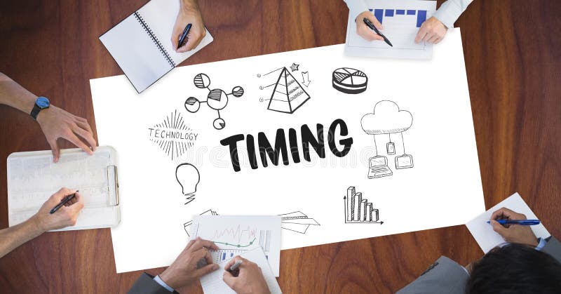 Timing Text Surrounded by Graphics and Business People`s Hands Stock ...