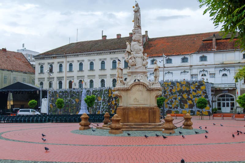 TIMISOARA, ROMANIA - 15 OCTOBER 2016 Statue from 1756 in Liberty Square ...