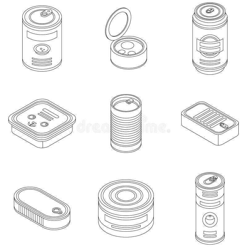 Tin Can Icons Set Vector Outline Stock Illustration - Illustration of ...