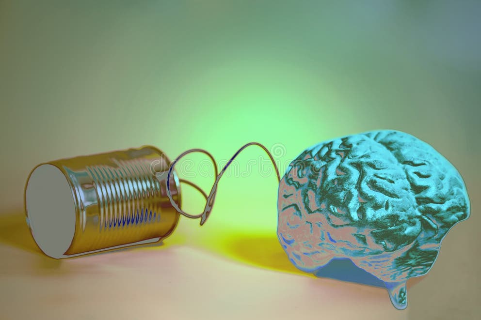Tin Can Phone with Human Brain Anatomical Model. Communication Concept ...
