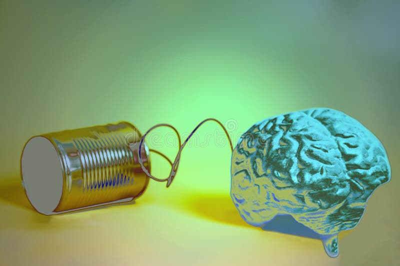 Tin Can Phone with Human Brain Anatomical Model. Communication Concept ...