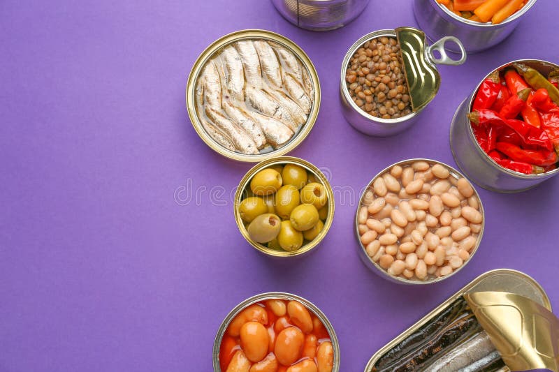 Tin Cans with Different Food on Color Background Stock Photo - Image of ...