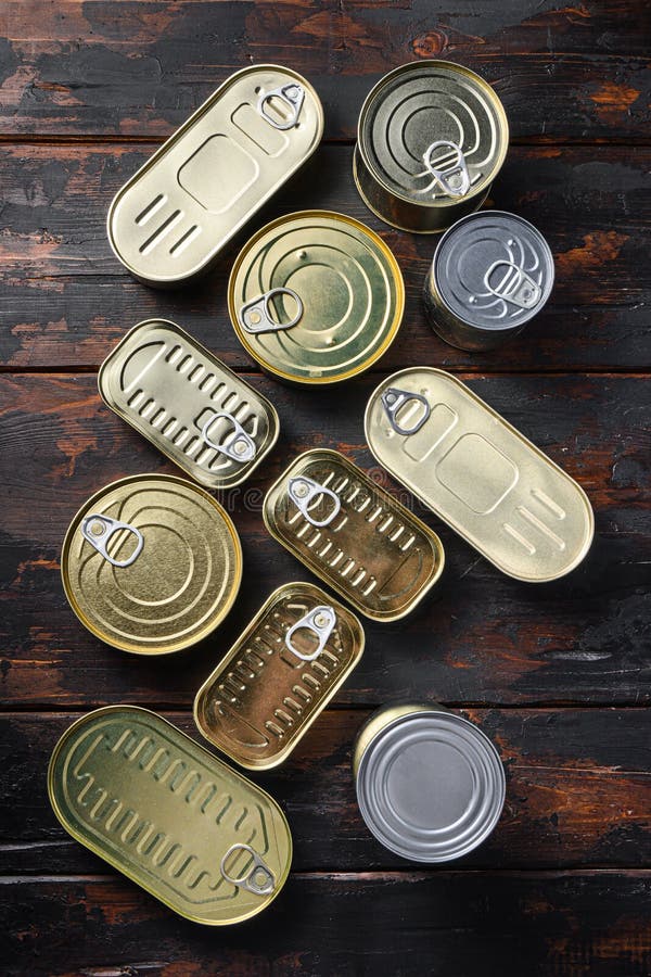 Tin Cans Food Set Top View on Dark Wood Rustic Background Top View ...